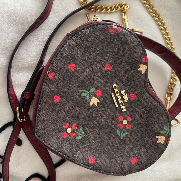 Coach | Bags | Coach Heartshaped Brown Crossbody Bag With Floral Design ...